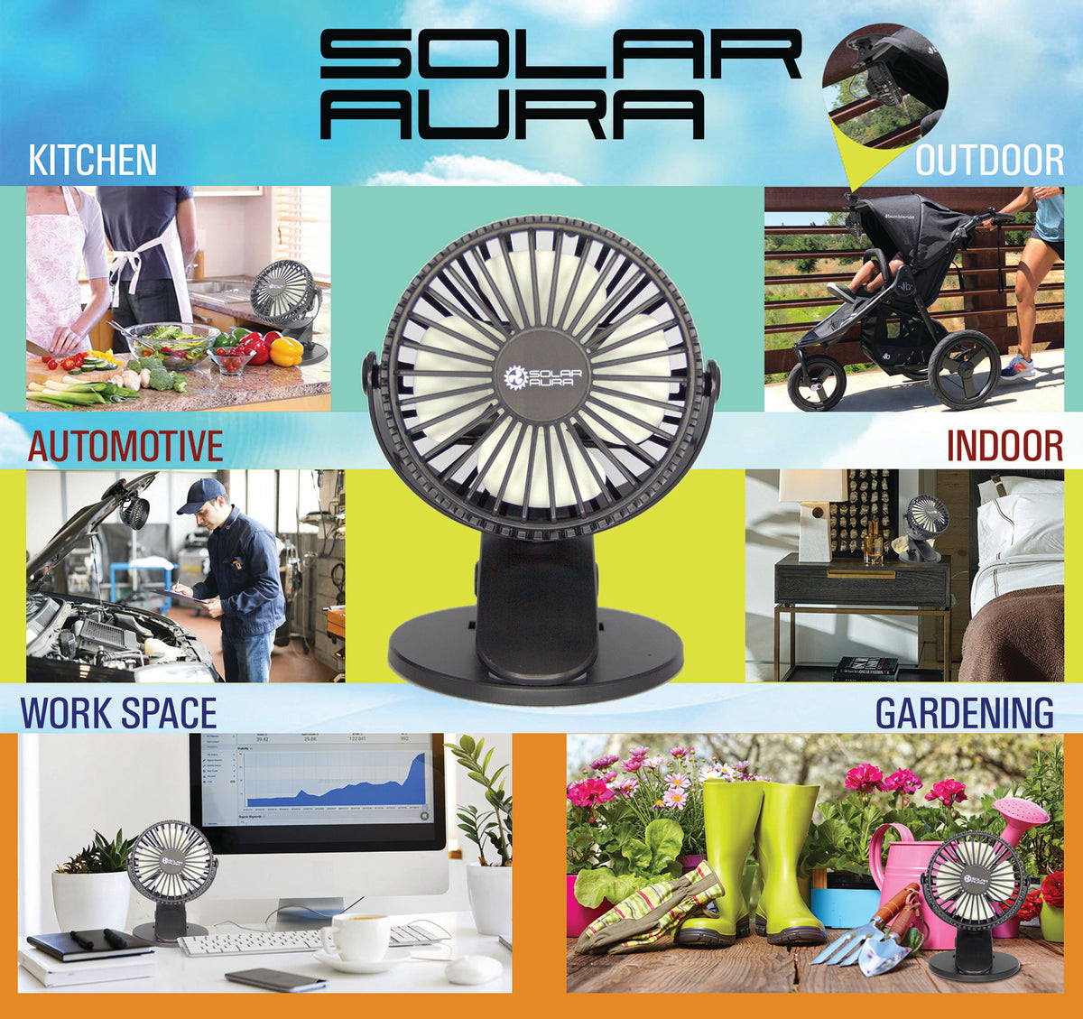 Solar Aura - Clip on Rechargeable Mini Desk and Stroller Solar Fan ...